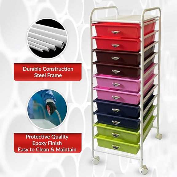 Home 10-Drawer Multipurpose Mobile Rolling Storage Organizer with Tray Cart